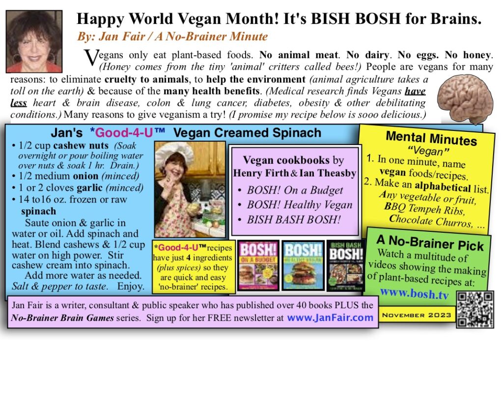 November 2023 - Bish Bosh for Brains + Vegan Recipes - Jan Fair's NO ...